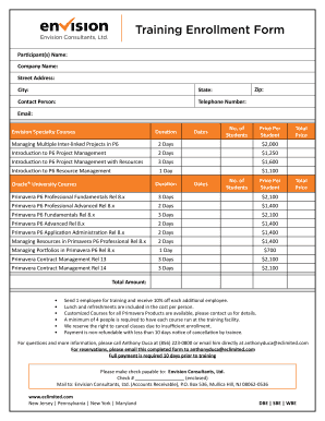 Fillable Online Training Enrollment Form - Envision Consultants Fax ...