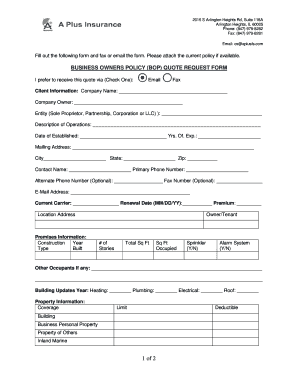 Fillable Online BUSINESS OWNERS POLICY BOP QUOTE REQUEST FORM ...