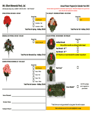 Fillable Online Flower order form - Mt Olivet Memorial Park Fax Email ...