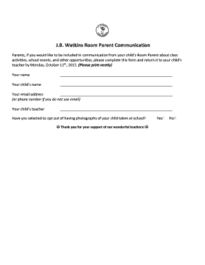 Fillable Online Room Parent Communication Form - JB Watkins PTA Fax ...