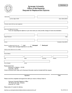Fillable Online syr Replacement request form - Syracuse University Fax ...
