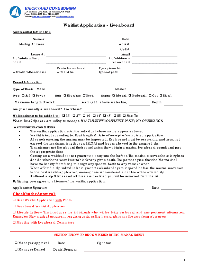 Fillable Online Waitlist Application - Liveaboard Fax Email Print ...