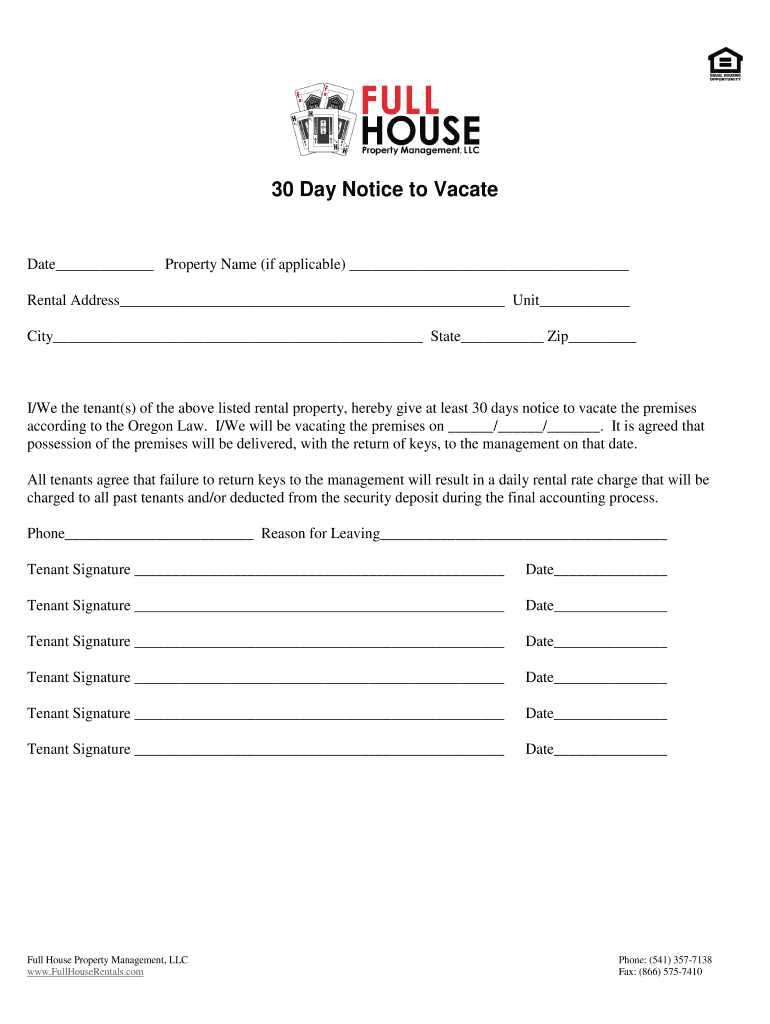 Fillable Online 30 Day Notice to Vacate - Full House Property Management, LLC Fax Email Print ...