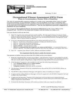 Fillable Online ilwu500 Occupational Fitness Assessment OFA Form ...