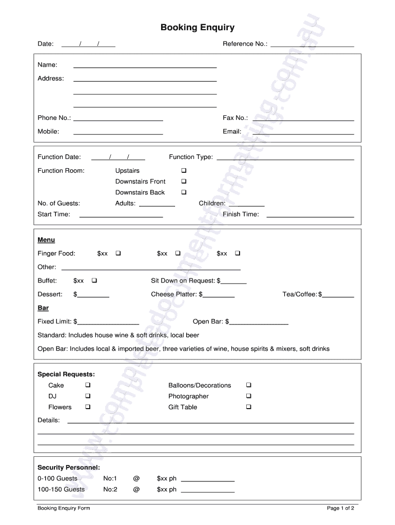 Fillable Online Booking Enquiry Form - c-d-fbcombau Fax Email Print ...