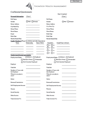 Fillable Online Confidential Questionnaire - Thompson Wealth Management Ltd Fax Email Print ...