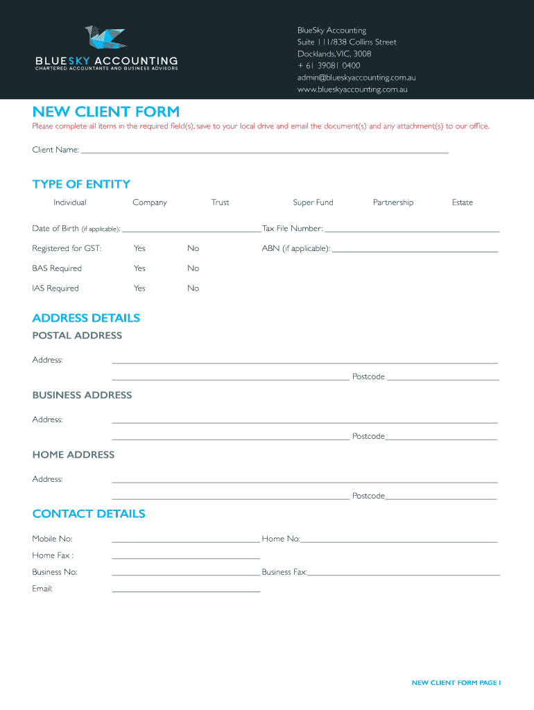 Fillable Online NEW CLIENT FORM - Blue Sky Accounting Fax Email Print ...