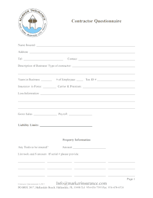 Fillable Online Contractor Questionnaire Info@markerinsurance.com Fax ...