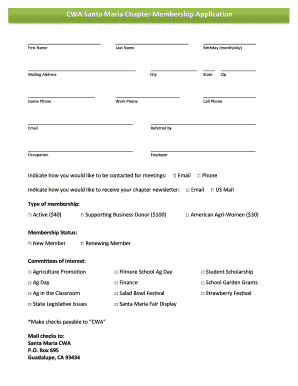 Fillable Online CWA Santa Maria Chapter Membership Application Fax ...