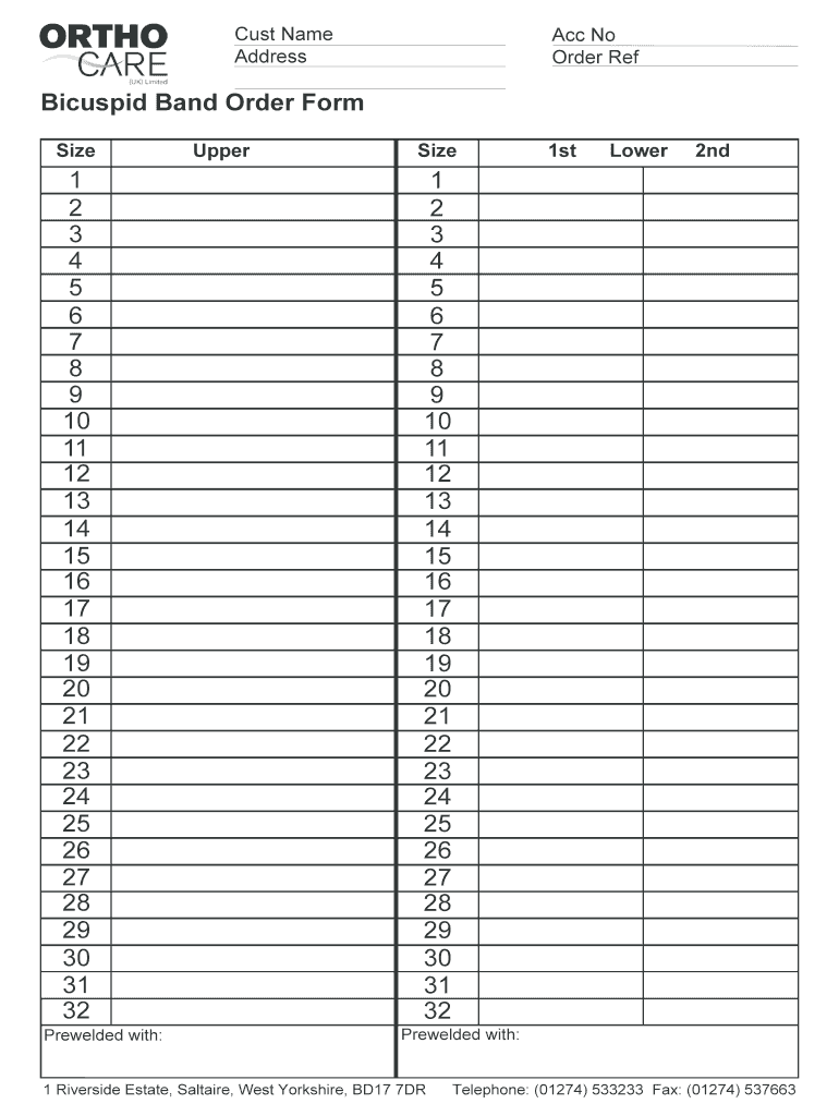 Fillable Online orthocare co Bicuspid Band Order Form 32 2 3 4 5 6 7 8 ...