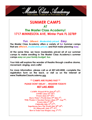 Fillable Online themasterclassacademy SUMMER CAMPS - The Master Class Academy ...