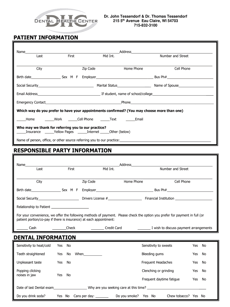 Fillable Online RESPONSIBLE PARTY INFORMATION - Dental Health Center ...