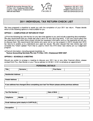 Fillable Online 2011 INDIVIDUAL TAX RETURN CHECK LIST ...