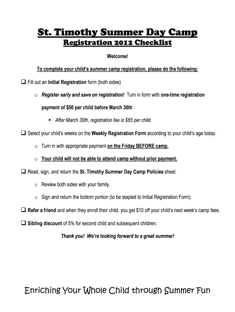 Fillable Online SUMMER CAMP CHECKLIST - St Timothy School Fax Email ...