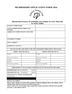 Fillable Online eldwickridingclub co MEMBERSHIP APPLICATION FORM 2016 ...