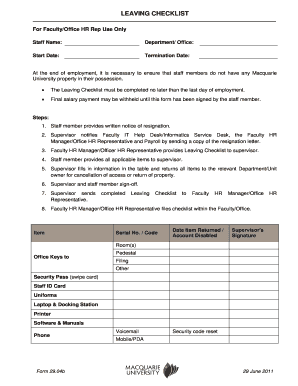 Fillable Online hr mq edu LEAVING CHECKLIST Form 29 Fax Email Print ...