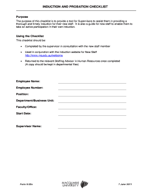 Fillable Online hr mq edu INDUCTION AND PROBATION CHECKLIST Form 9 Fax ...