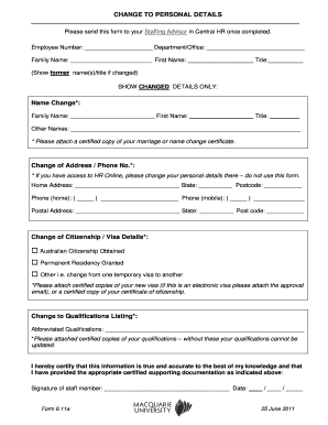 Fillable Online hr mq edu CHANGE TO PERSONAL DETAILS Form 8 Fax Email Print - pdfFiller