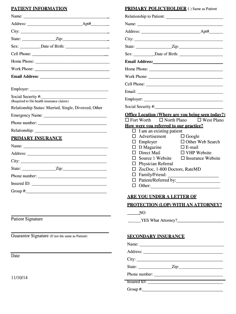 Fillable Online PATIENT INFORMATION PRIMARY POLICYHOLDER Same as ...