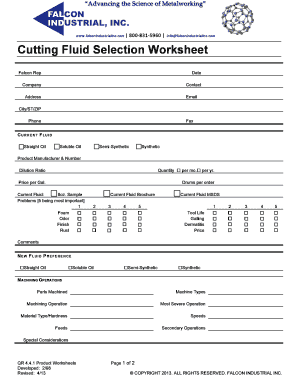 Fillable Online Cutting Fluid Selection Worksheet - Falcon Industrial ...