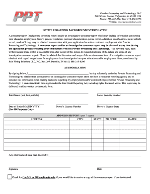 Fillable Online NOTICE REGARDING BACKGROUND INVESTIGATION AUTHORIZATION ...