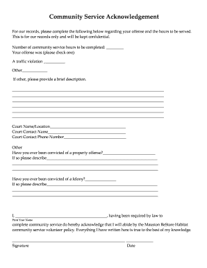 Fillable Online Community Service Confidential Acknowledgement of ...