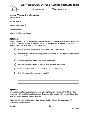 Fillable Online 2014-09 Written Statement of Unauthorized ACH Debit Fax ...