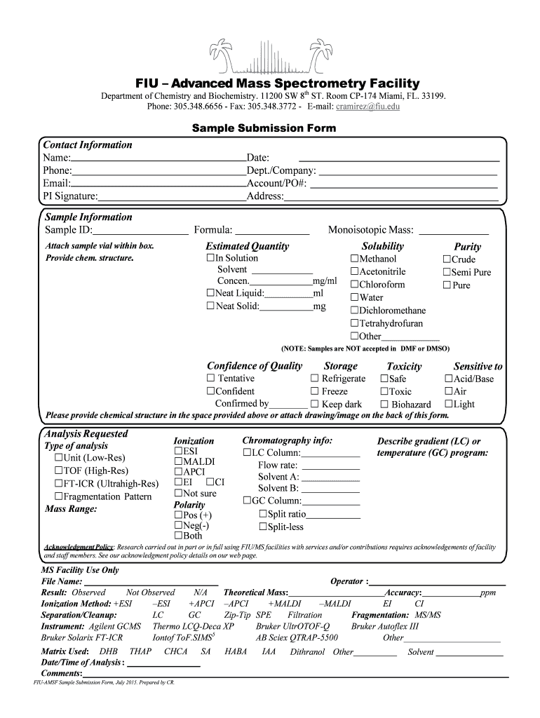 Fillable Online ms fiu Sample Submission Form02-17-11V2 Fax Email Print ...