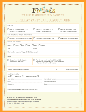 Fillable Online BIRTHDAY PARTY CAKE REQUEST FORM - Werribee Zoo Events ...