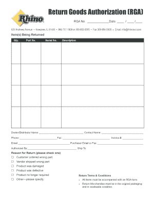 Fillable Online Return Goods Authorization RGA - Rhino Tools Fax Email ...