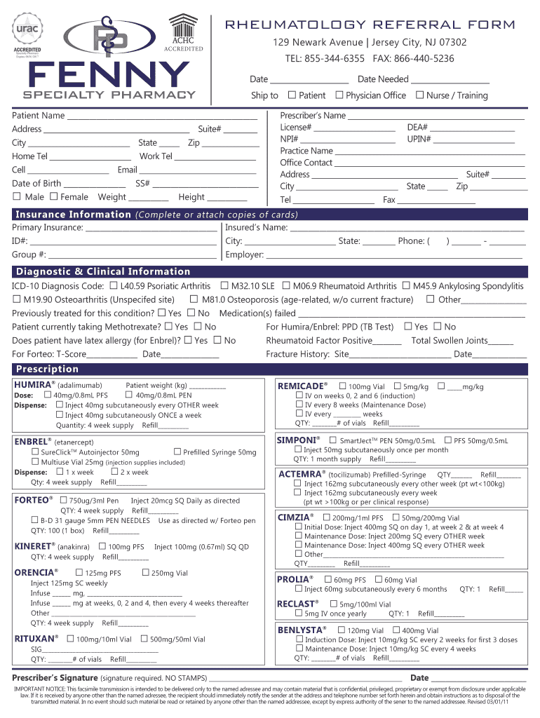 Fillable Online RHEUMATOLOGY REFERRAL FORM 129 Newark Avenue Jersey City, NJ 07302 TEL: 855-344 ...