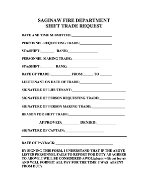 Fillable Online Saginaw fire department shift trade request - saginaw ...