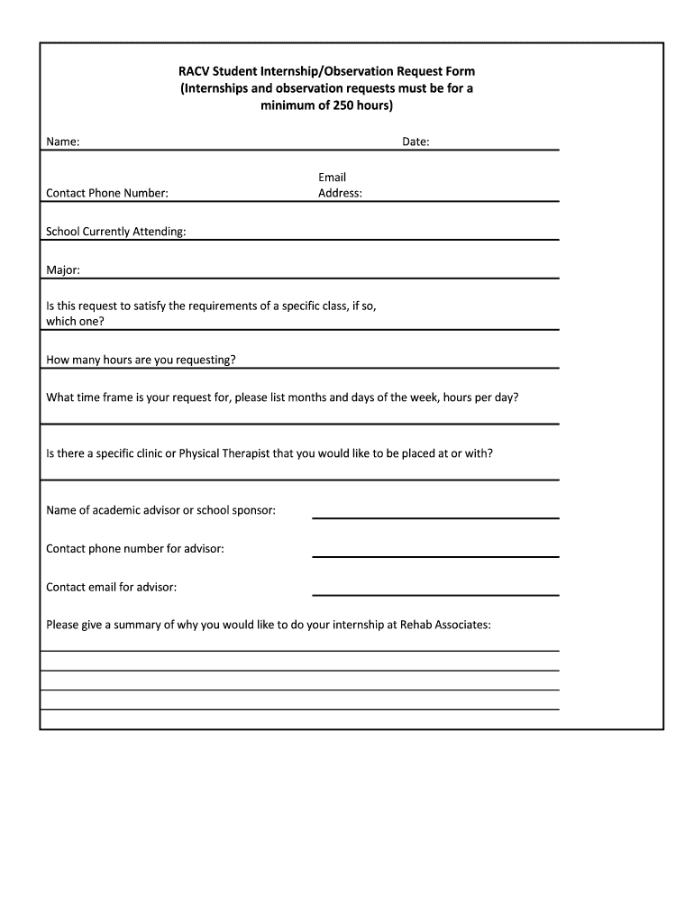 Fillable Online RACV Student InternshipObservation Request Form Fax ...