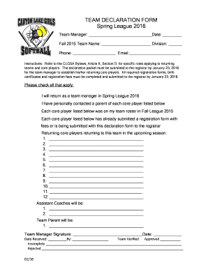 Fillable Online Team Declaration Form Spring 2016 Fax Email Print - pdfFiller