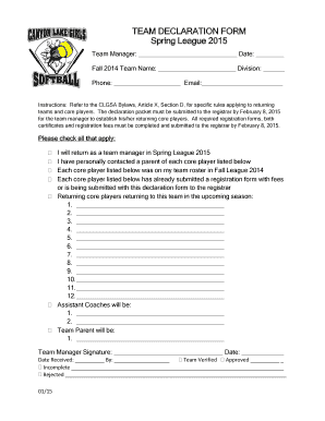 Fillable Online TEAM DECLARATION FORM Spring League 2015 Fax Email ...