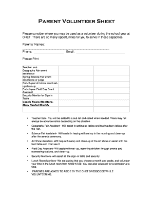 Fillable Online chettn Parent Volunteer Sheet-1 Fax Email Print - pdfFiller