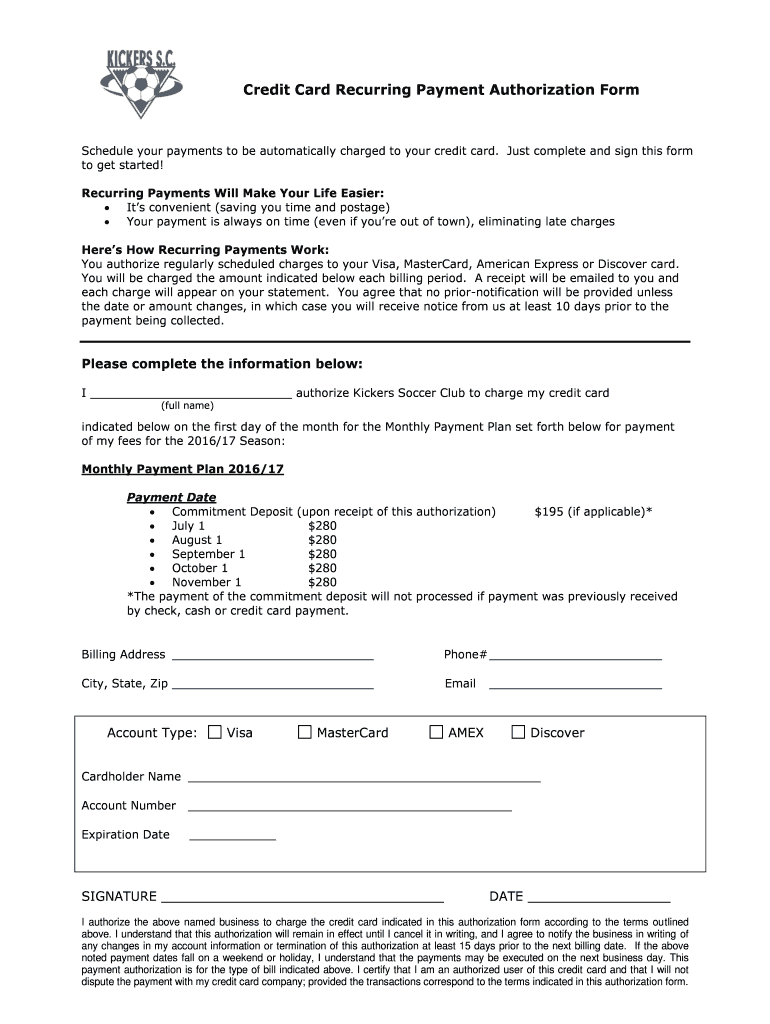 Fillable Online Credit Card Recurring Payment Authorization Form Schedule your payments to be ...