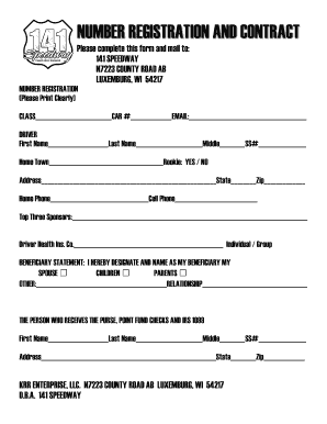 Fillable Online Number Registration and Contract - 141 Speedway Fax ...