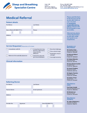 Fillable Online Medical Referral - Sleep and Breathing Specialist Centre Fax Email Print - pdfFiller