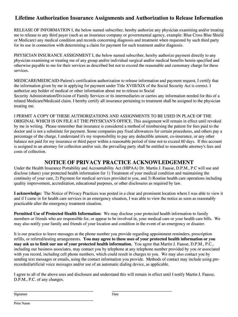 Fillable Online Lifetime Authorization Insurance Assignments and Fax ...