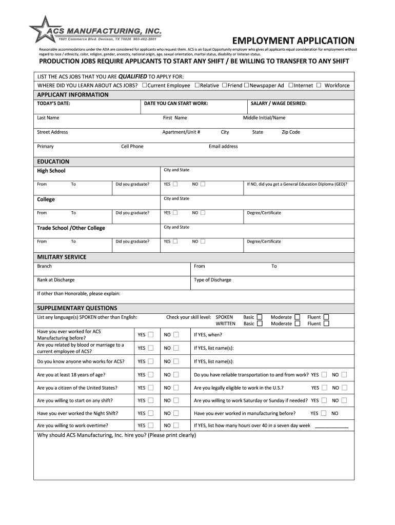 Fillable Online EMPLOYMENT APPLICATION - ACS Manufacturing Inc Fax ...