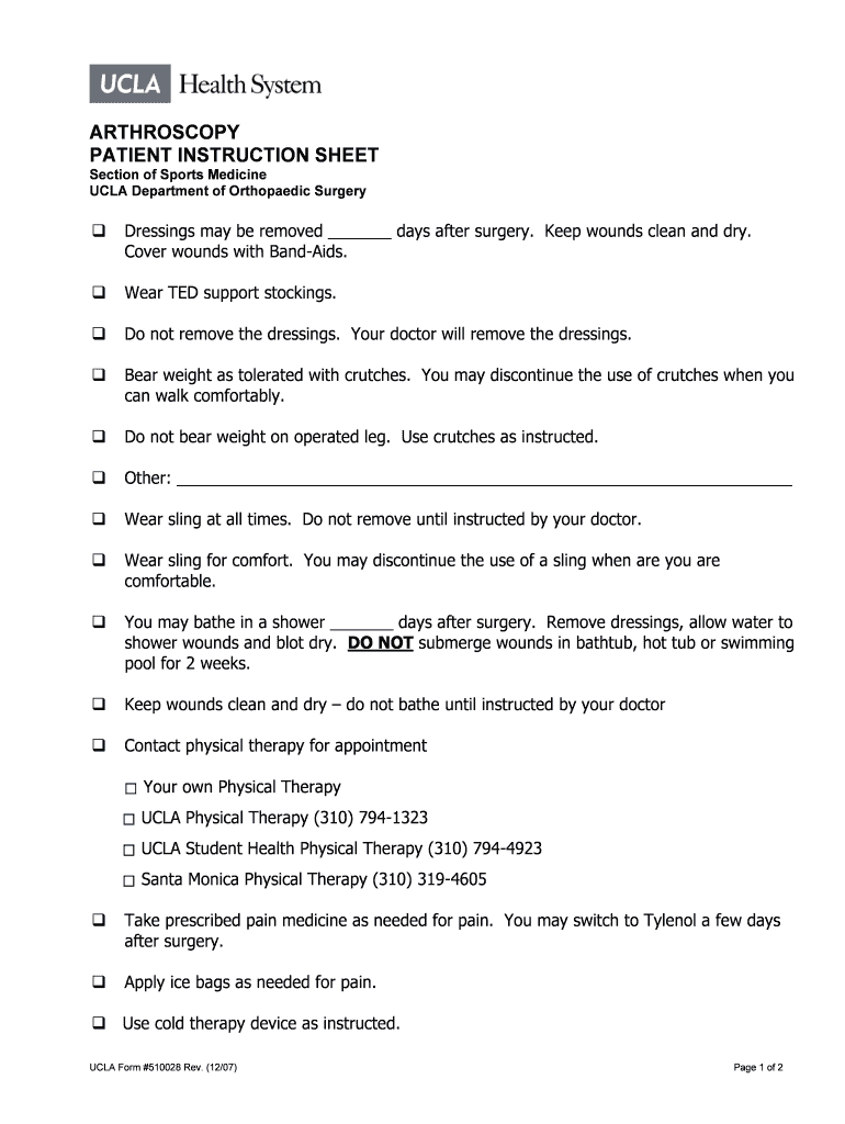 Fillable Online ARTHROSCOPY PATIENT INSTRUCTION SHEET Fax Email Print ...