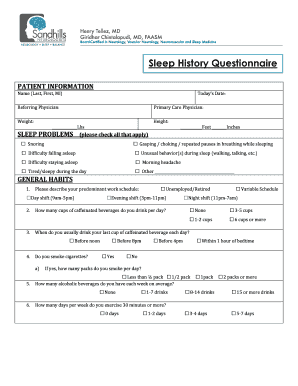 Fillable Online Sleep History Questionnaire - Sandhills Neurologists ...
