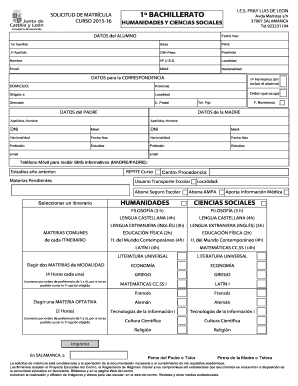 Fillable Online iesfrayluisdeleon centros educa jcyl SOLICITUD DE MATRCULA 1 BACHILLERATO ...