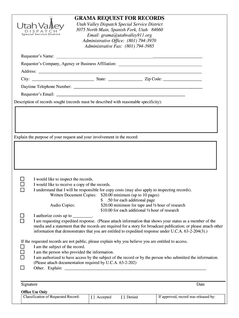 Fillable Online utahvalley911 GRAMA REQUEST FOR RECORDS - Utah Valley ...