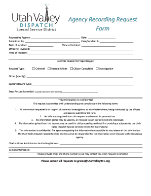 Fillable Online utahvalley911 Agency Recording Request Form - Utah ...