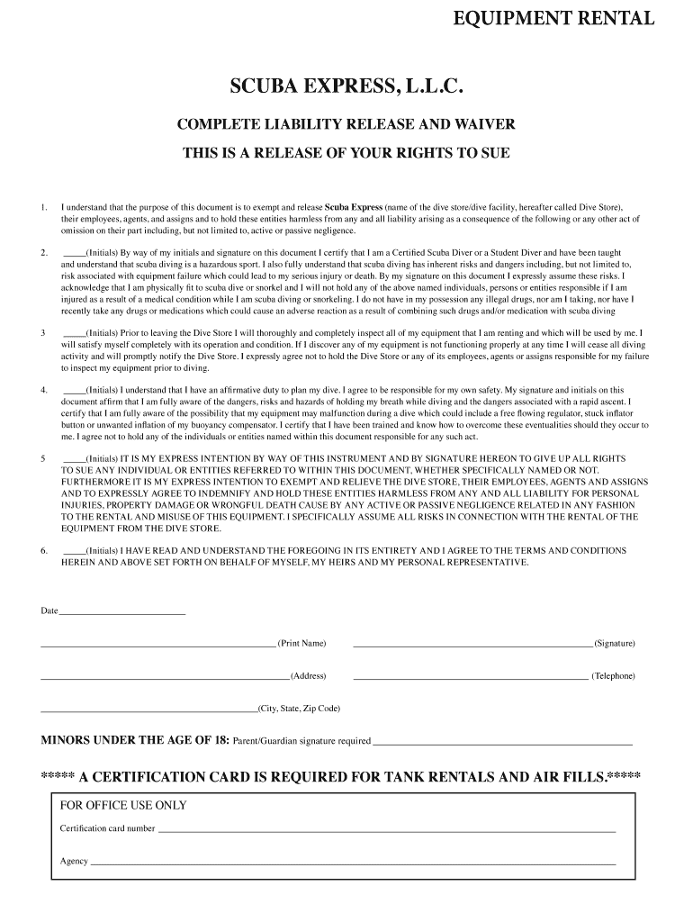 Scuba Equipment Rental Liability Waiver - Blank Fillable Template ...