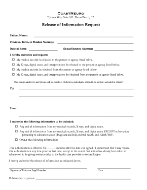 Fillable Online Release of Information Form - bCoastNeurob Fax Email Print - pdfFiller