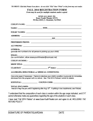 Fillable Online FALL 2014 REGISTRATION FORM Form may be used for ...