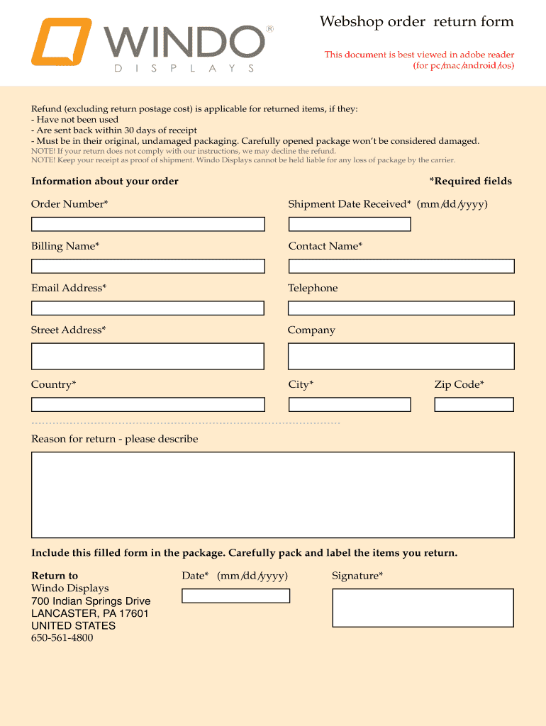 Fillable Online Webshop order return form - Windo Displays Fax Email ...